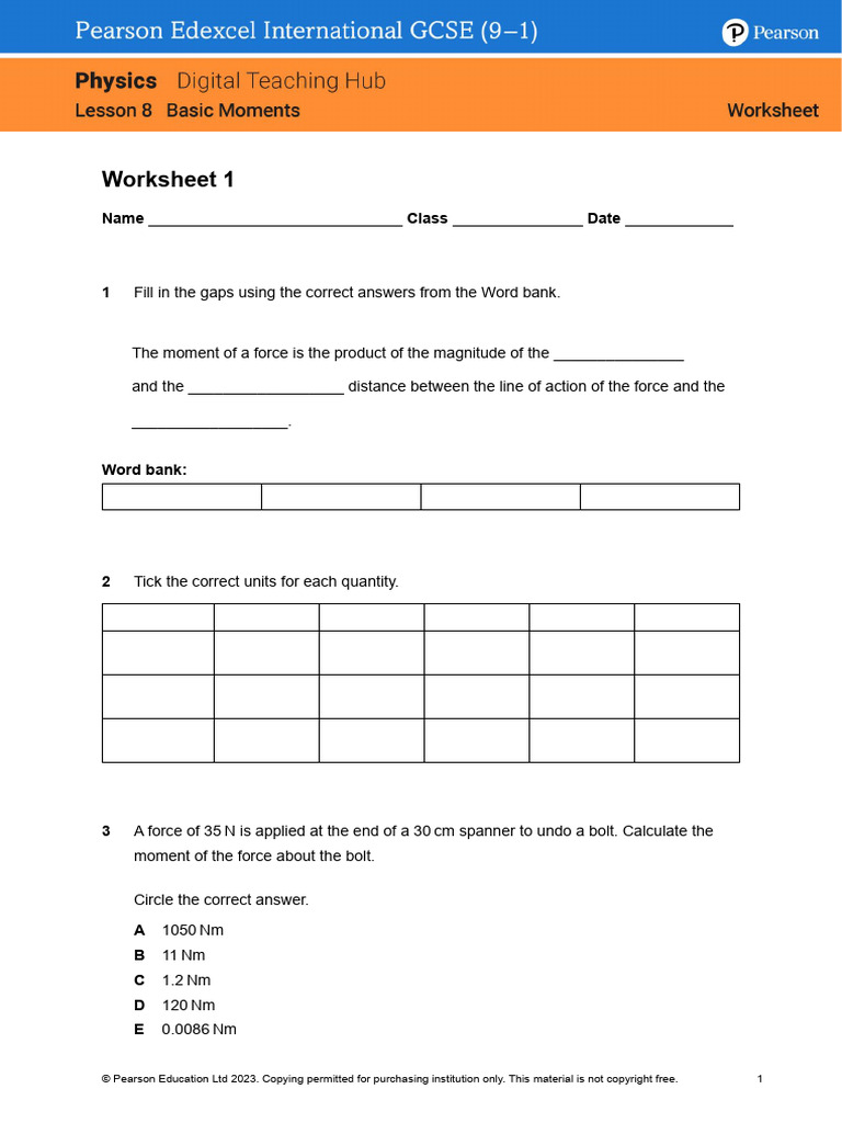 Basic Moments-IG - Physics - Lesson8 - Worksheet - 01 | PDF