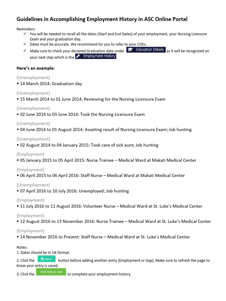 Guidelines in Accomplishing Employment History in ASC Online Portal | PDF