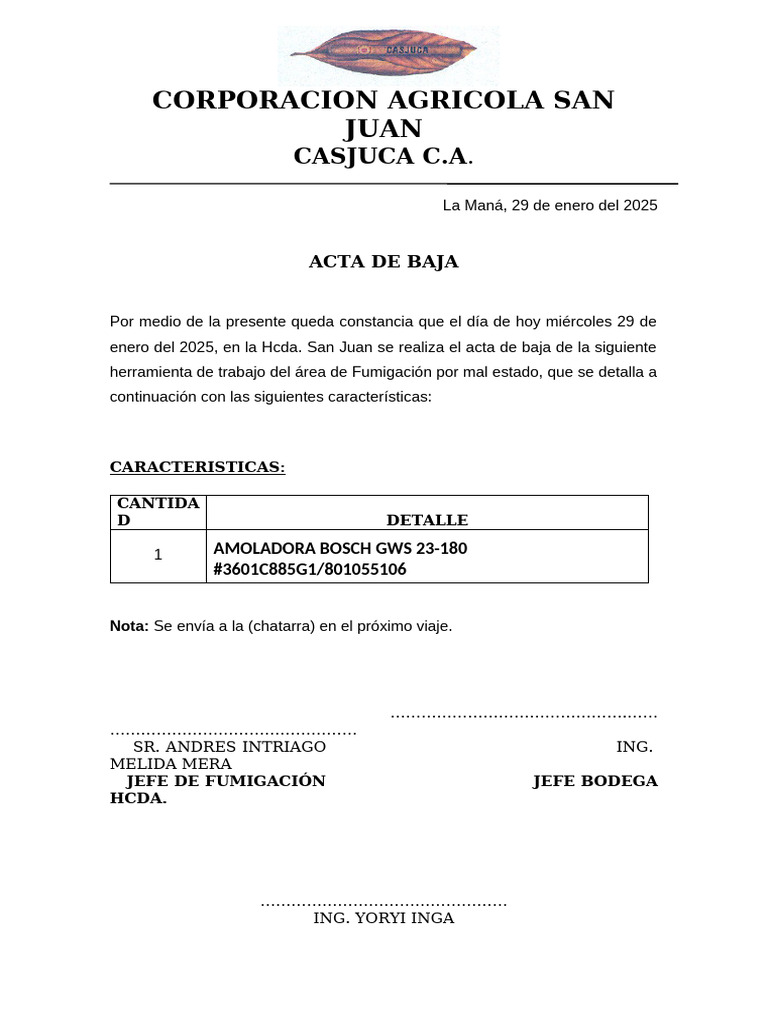 ACTA DE BAJA DE 1 AMOLADORA AL SR. ANDRES INTRIAGO | PDF