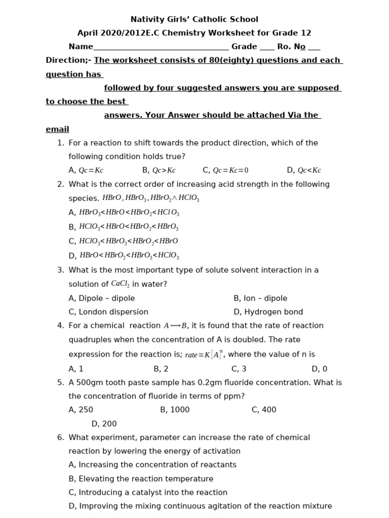 Grade 12 Chemistry Worksheet 2020 | PDF