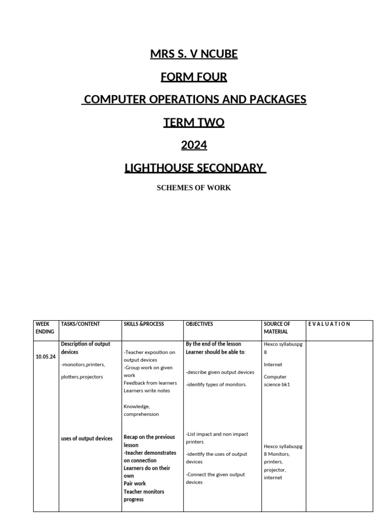 Hexco Scheme Form 4 TERM 2 2024 | PDF | Teachers | Computer File