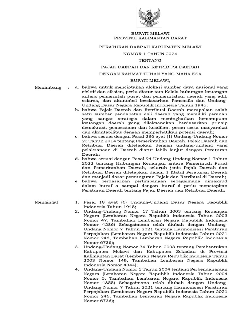 Perda Kab - Melawi Nomor 1 Tahun 2024 | PDF