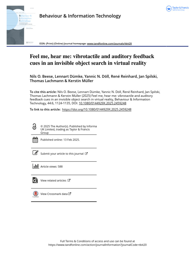 Beese Ea 2025 Vibrotactile Auditory Feedback Cue Invisible Object Search in VR | PDF | Senses ...
