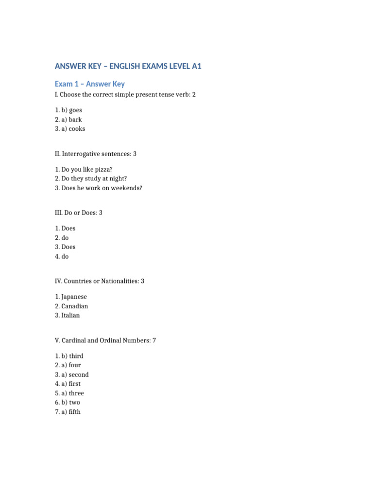 Answer Key English Exams Level A1 | PDF