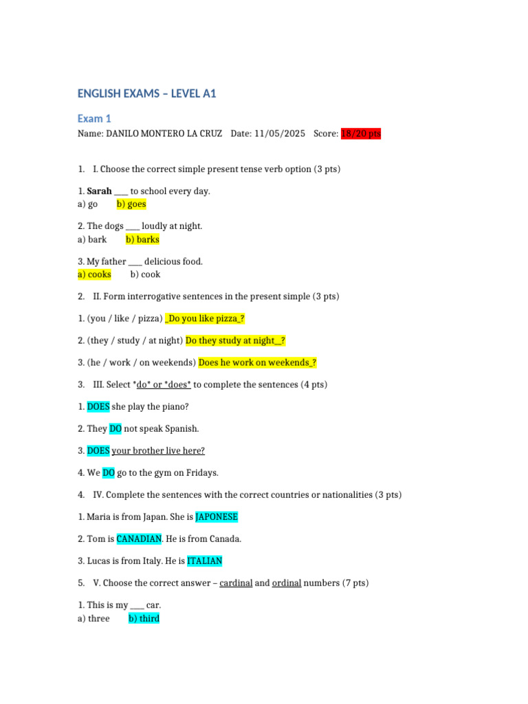 A1 English Exam Practice Questions | PDF | Linguistics