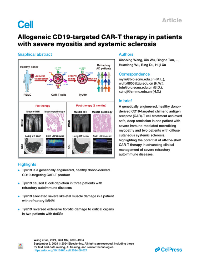 Yes_Allogeneic CD19-targeted CAR-T therapy in patients with severe myositis and systemic ...
