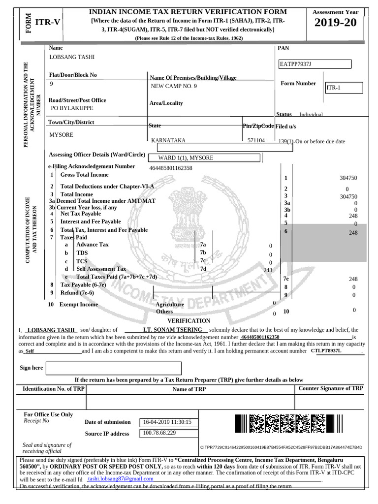ITR-V Income Tax Return Verification Form | PDF | Income | Taxation