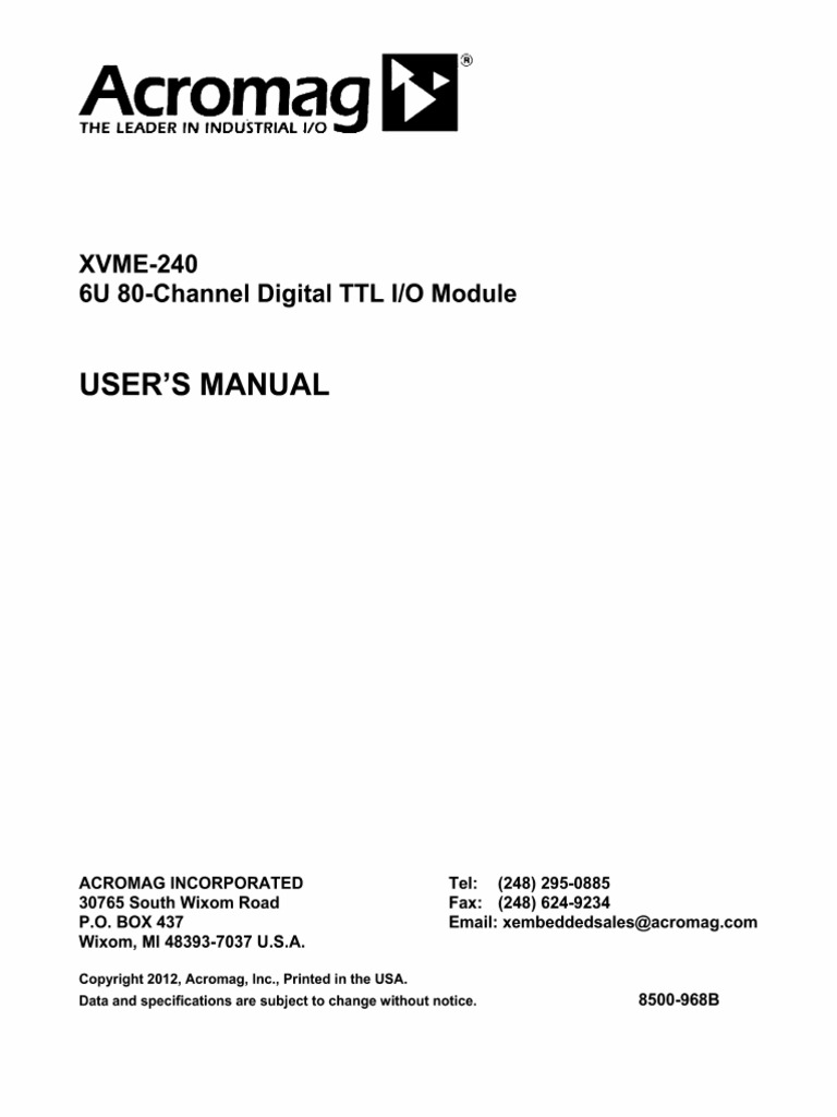 7424-001B_XVME-240_6U_80-Channel_Digital_TTL_IO_Module_Jun93 | PDF | Input/Output | Computer ...