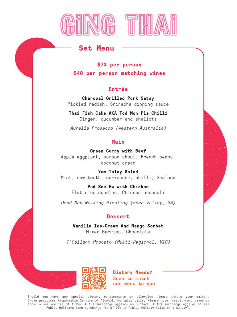 Crown Melbourne Restaurants Ging Thai Set Menu | PDF | Thai Cuisine | Food And Drink Preparation