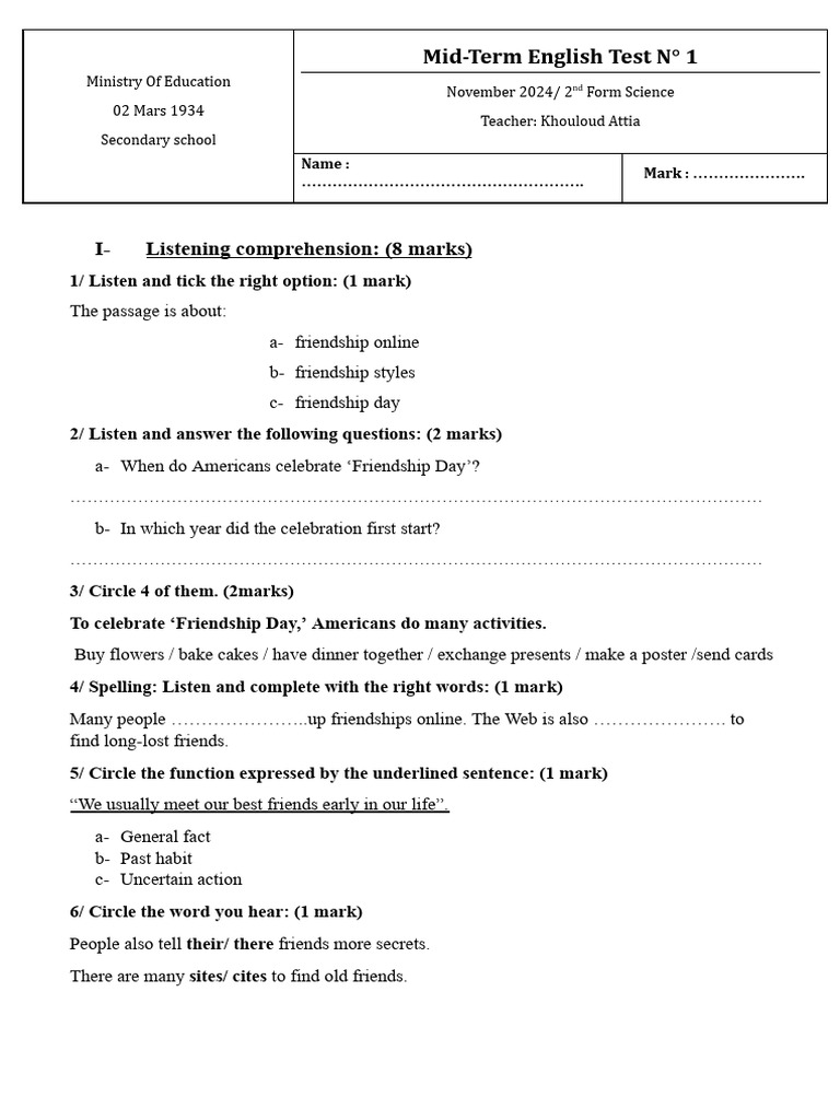 2nd Form Mid-Term English Test N° 1 | PDF | Human Communication ...