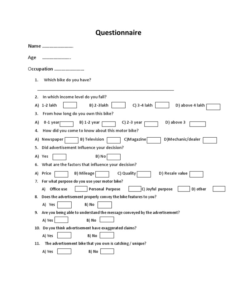 Questionnaire: Name . Age .. Occupation | PDF