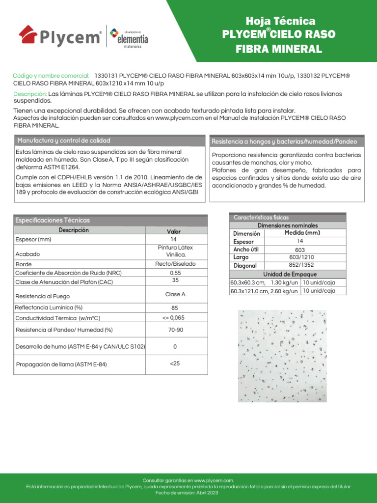 Ficha Tecnica Plycem Cielo Fibra Mineral 12.05.23 | PDF | Materiales