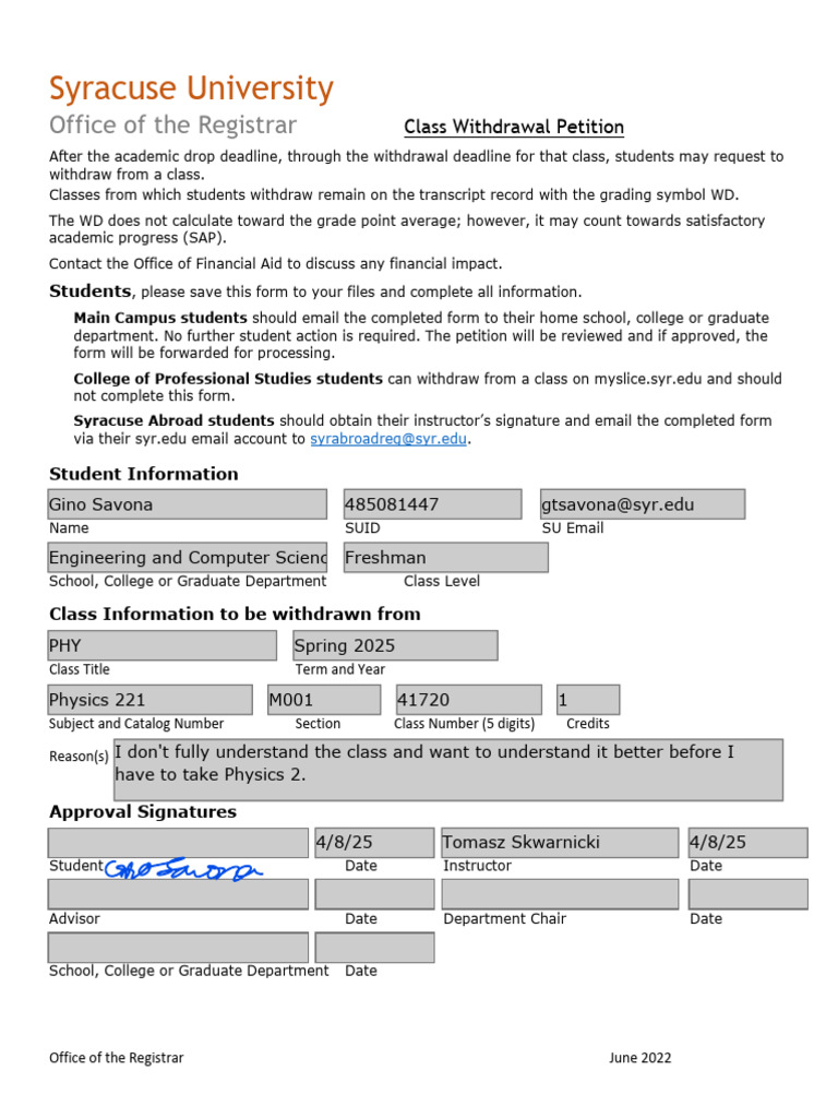 Form-Class-Withdrawal-Petition Phy1 | PDF