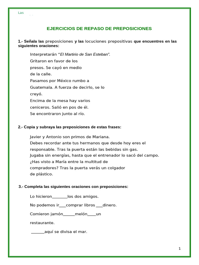 Ejercicios Preposiciones | PDF