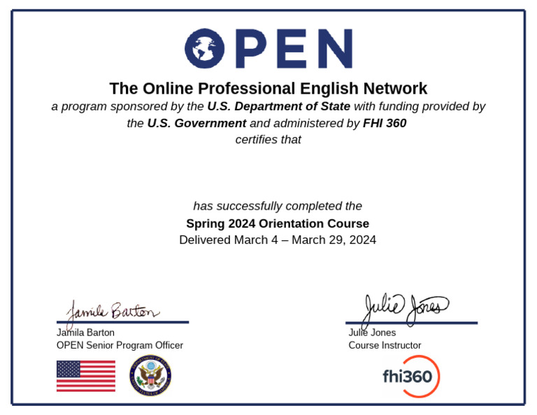 Spring 2024 Orientation Certificate | PDF