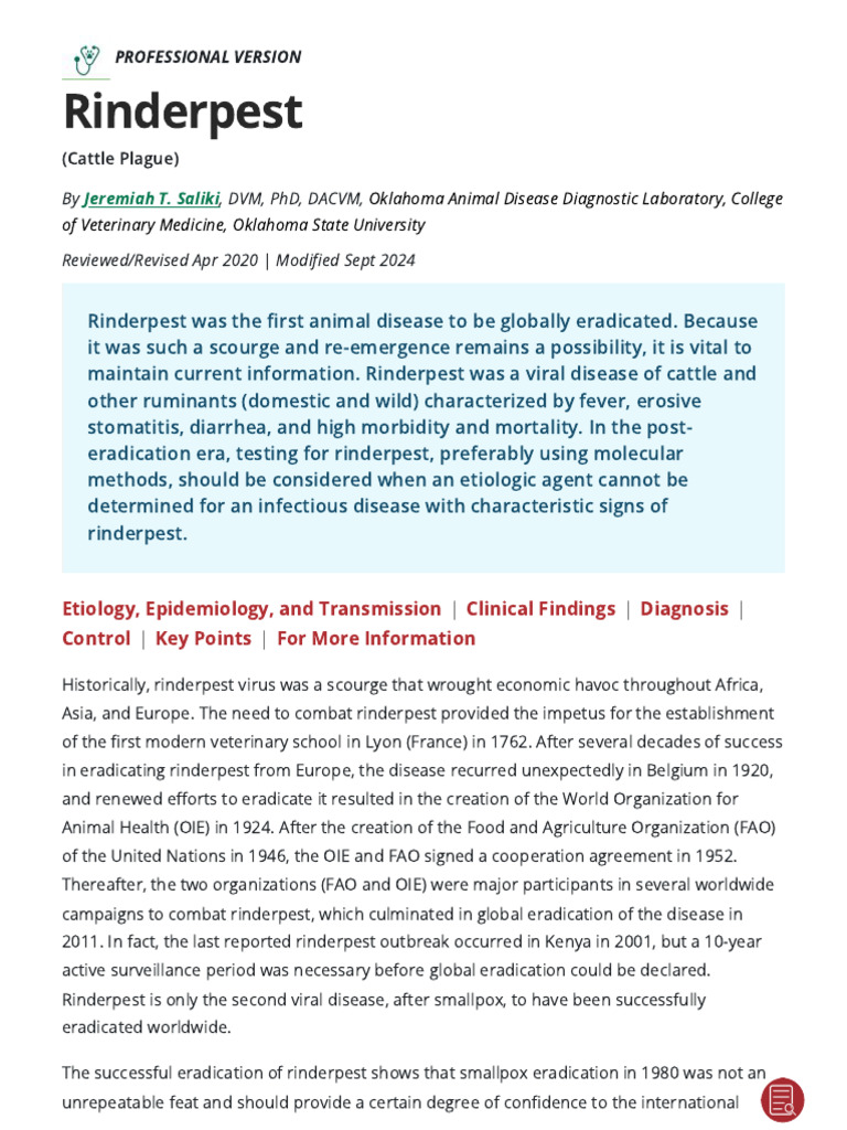 Rinderpest Vet Document | PDF | Eradication Of Infectious Diseases | Virus