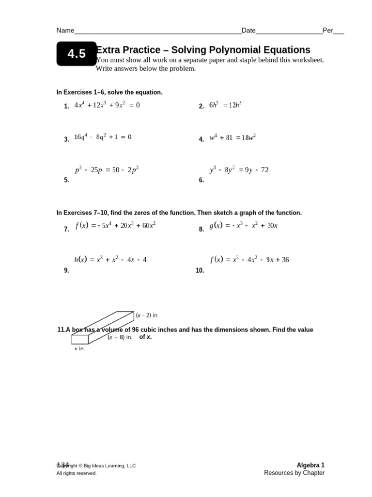 Sec 4.5 Extra Practice - Solving Polynomial Equations | PDF