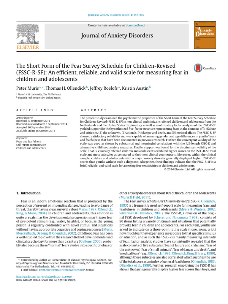 Short Form Fear Survey for Youth | PDF | Anxiety | Validity (Statistics)