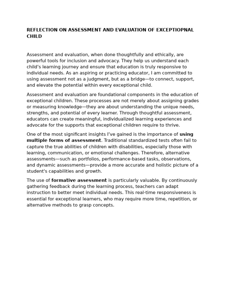 2nd Sem Reflection On Assessment and Evaluation of Exceptional Child | PDF