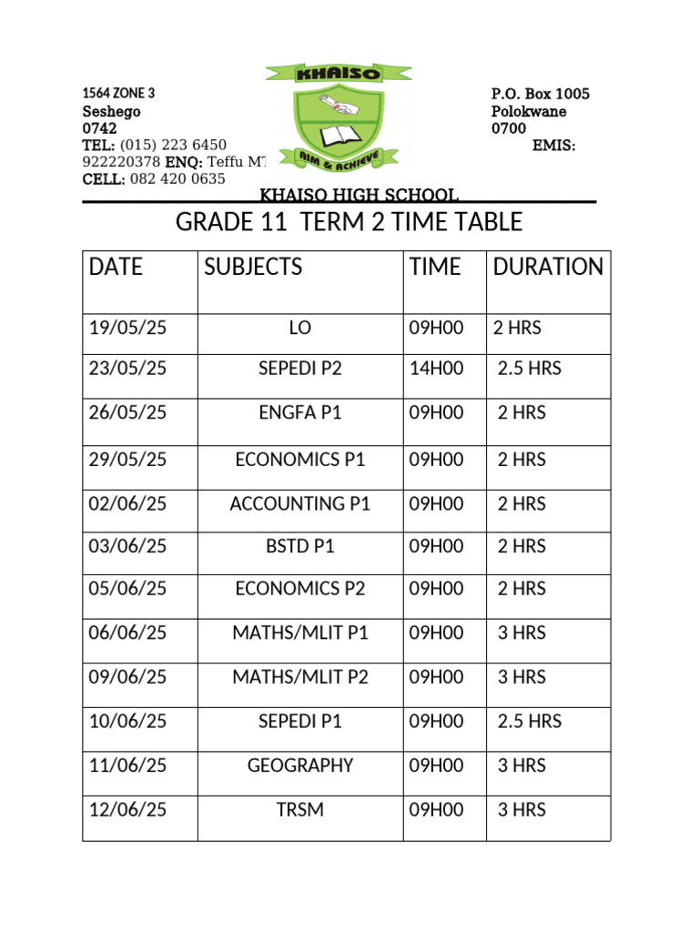 2025 Grade 11 Term 2 Test Time Table | PDF