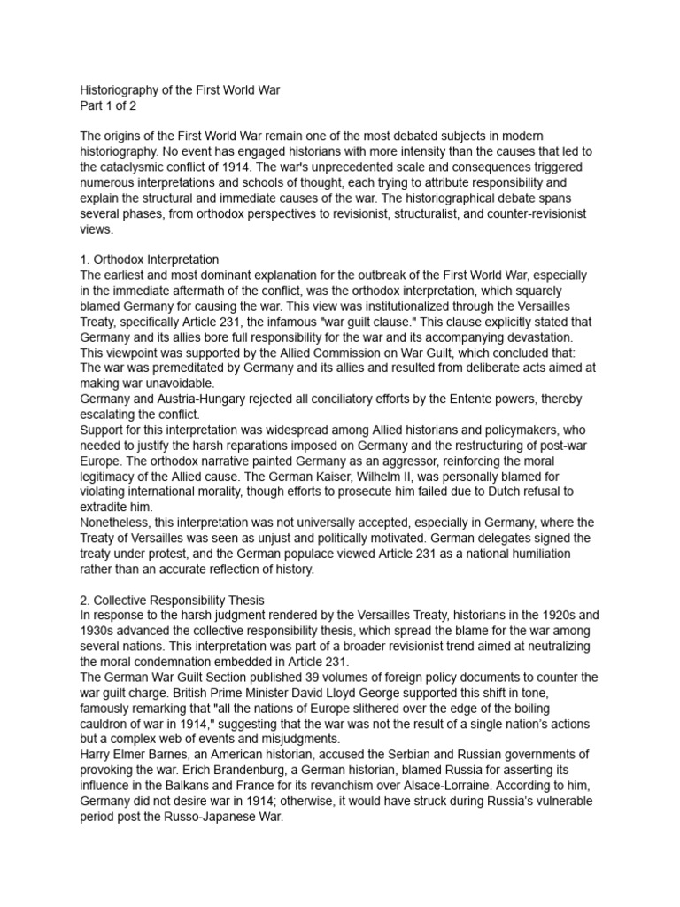 Historiography of World War I Summarised by ChatGPT From Sir's Document ...