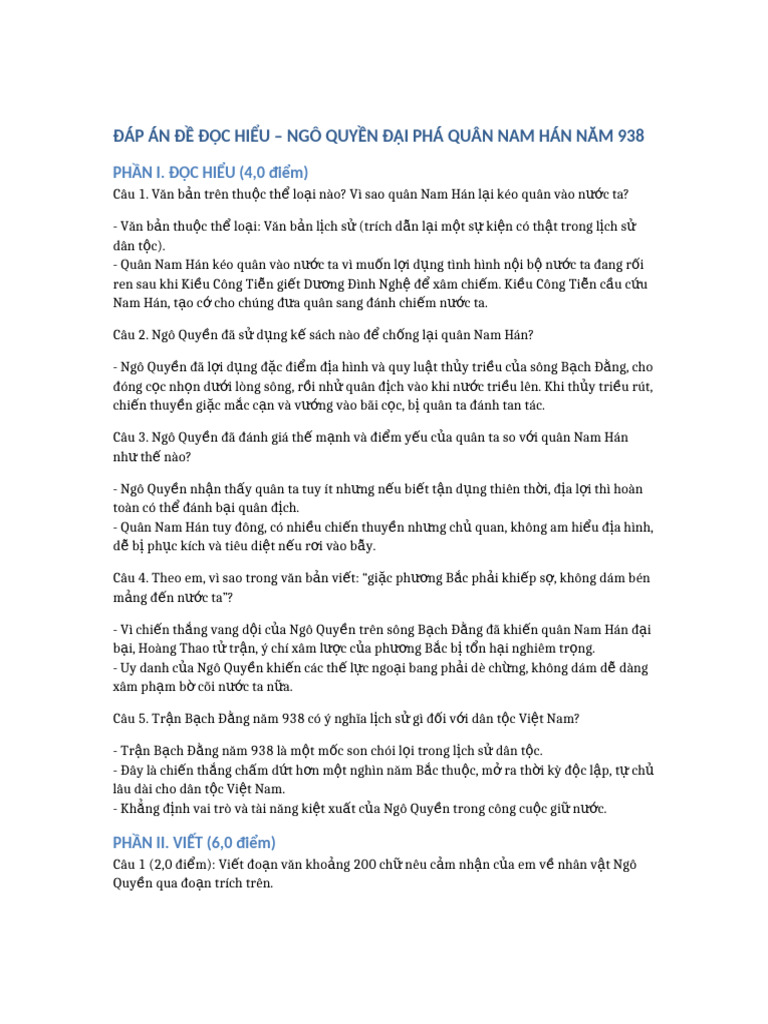 Dap An Doc Hieu Ngo Quyen | PDF