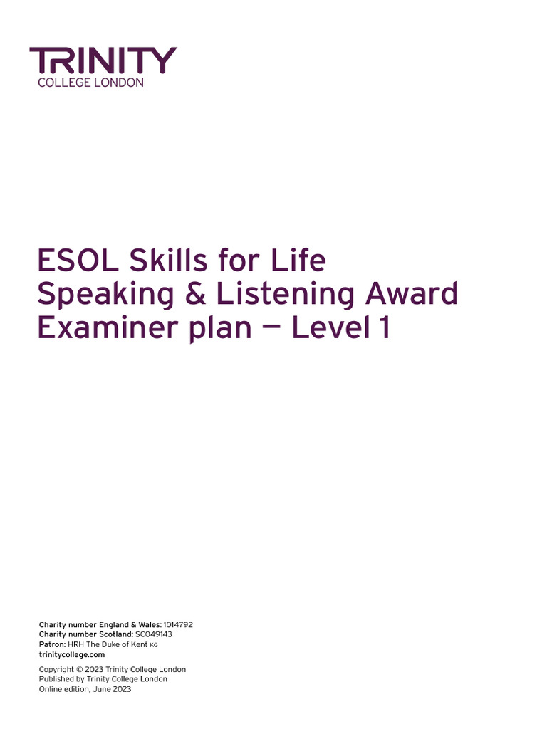ESOL Skills For Life Speaking & Listening - Level 1, Examiner Plan | PDF