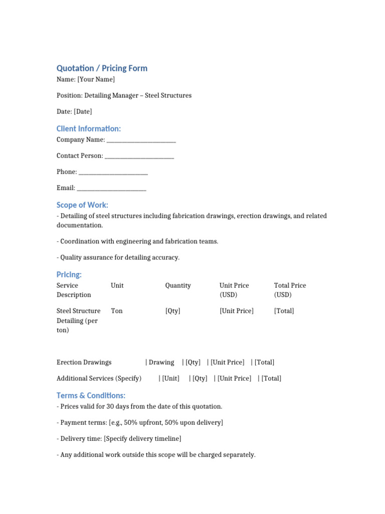 Steel Structure Detailing Quotation Individual | PDF