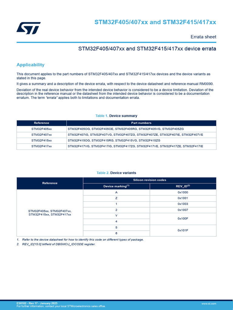 Es0182 Stm32f405407xx and Stm32f415417xx Device Errata Stmicroelectronics | PDF | Computer ...