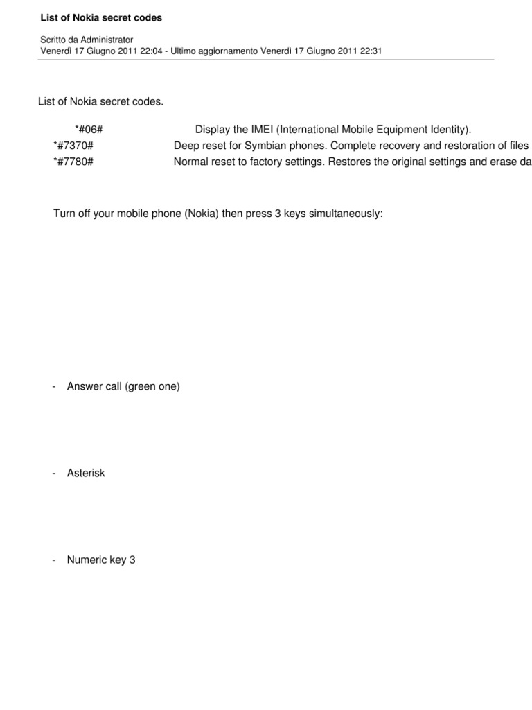 336 List of Nokia Secret Codes | PDF | Mobile Technology | Computing