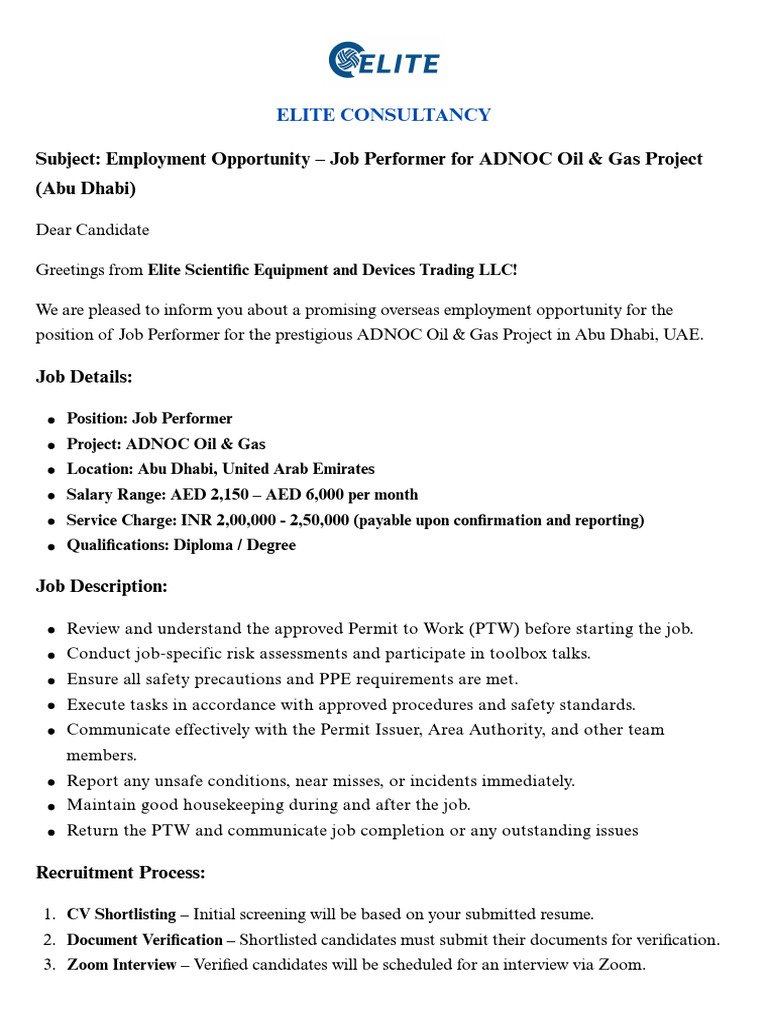ADNOC Job Performer Opportunity in Abu Dhabi | PDF | United Arab ...