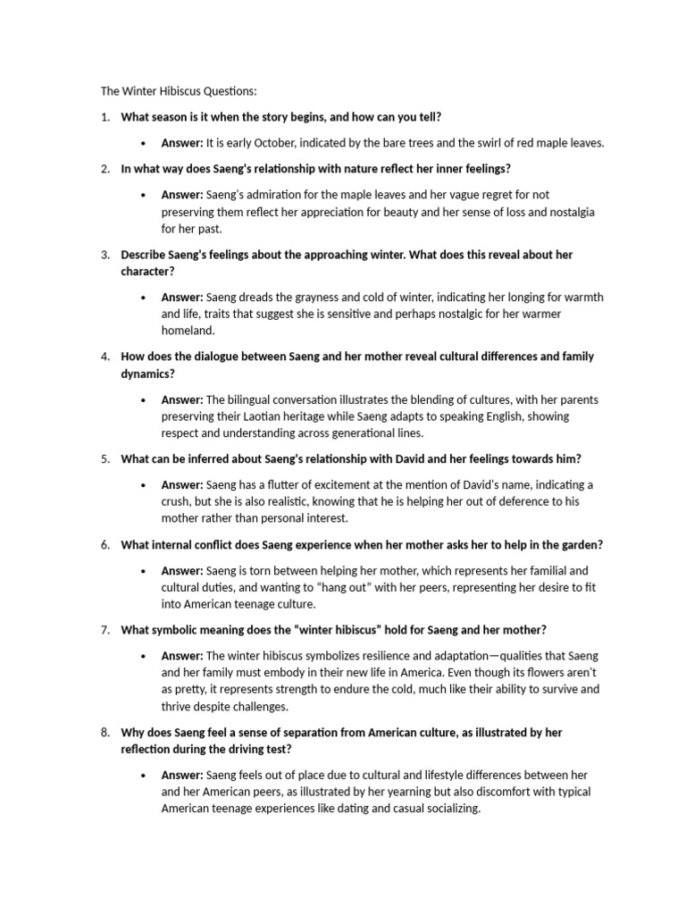 The Winter Hibiscus Answer Key | PDF | Nostalgia | Behavioural Sciences