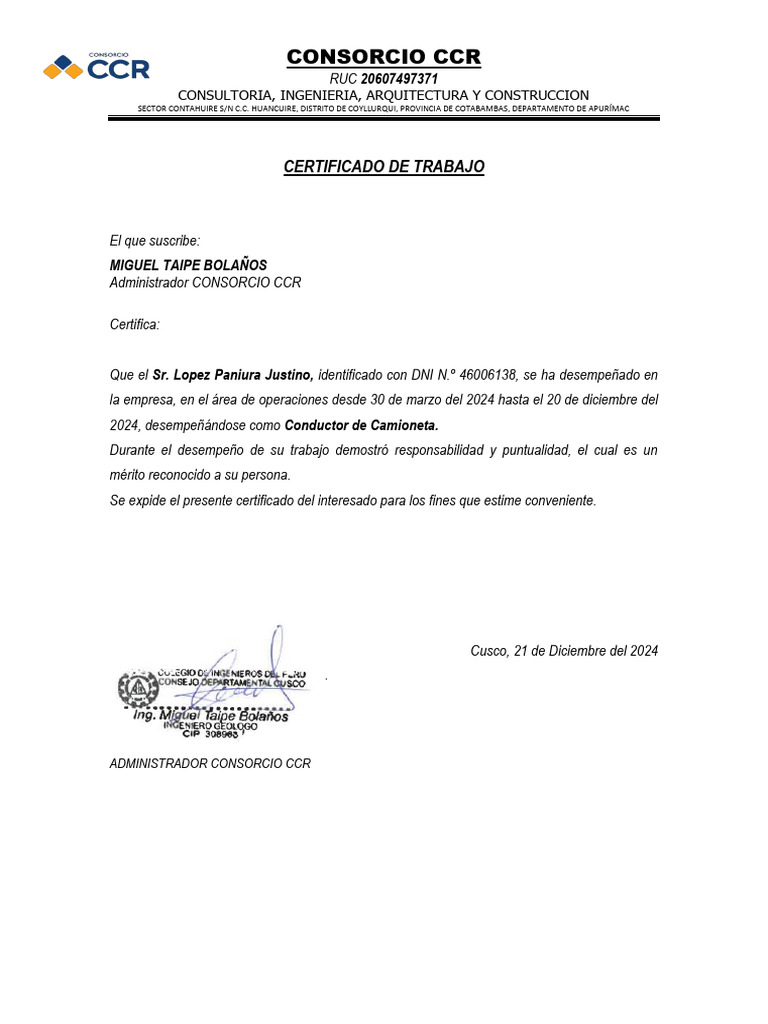 CERTIFICADO - CONSORCIO CCR | PDF