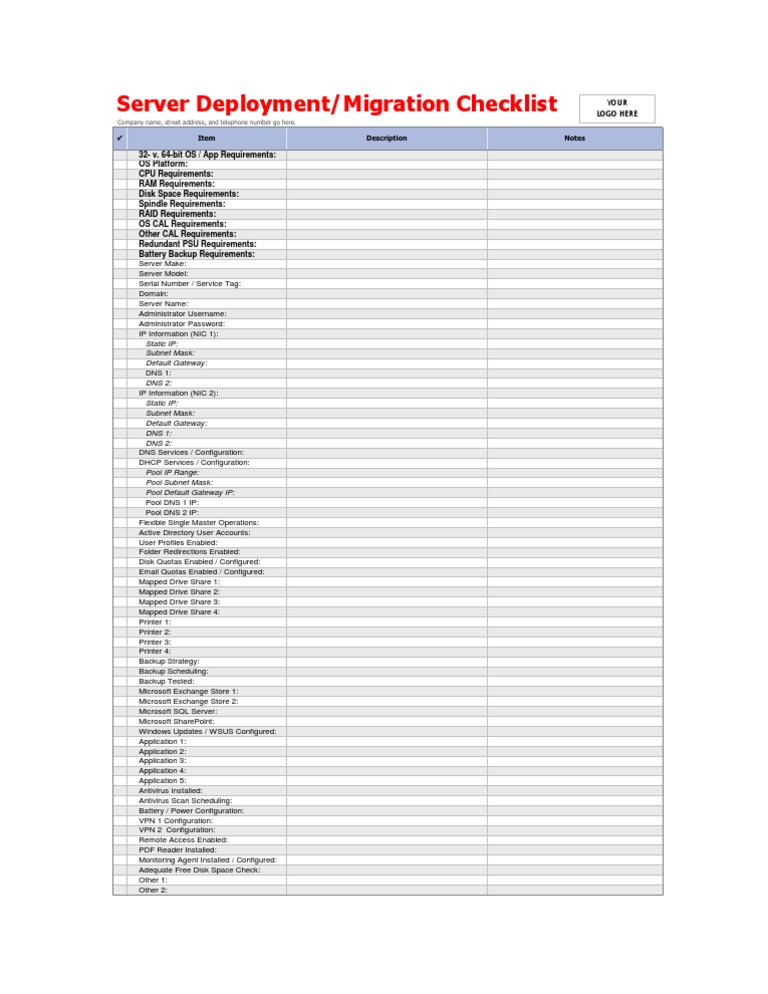 Server Checklist Template Excel