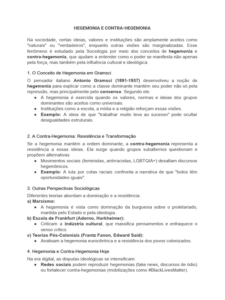 Hegemonia e Contra-Hegemonia na Sociologia | PDF | Hegemonia | Sociologia