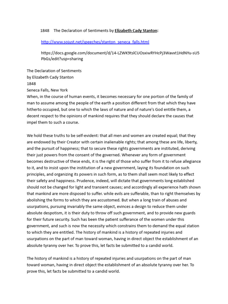 The Declaration of Sentiments by Elizabeth Cady Stanton | PDF | Justice ...