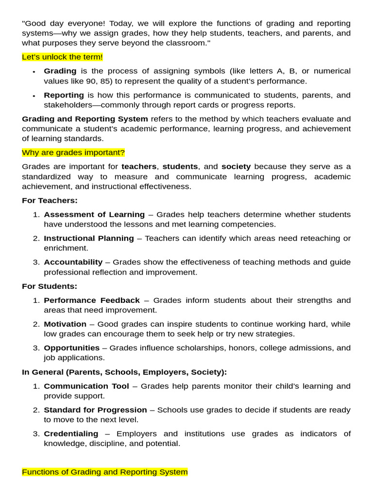 Grading and Reporting System | PDF | Teachers | Learning