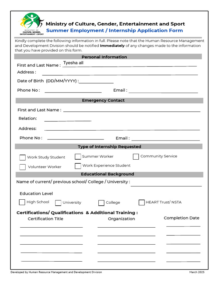 Fillable Summer Employment Application Final Form - 250501 - 002736 ...