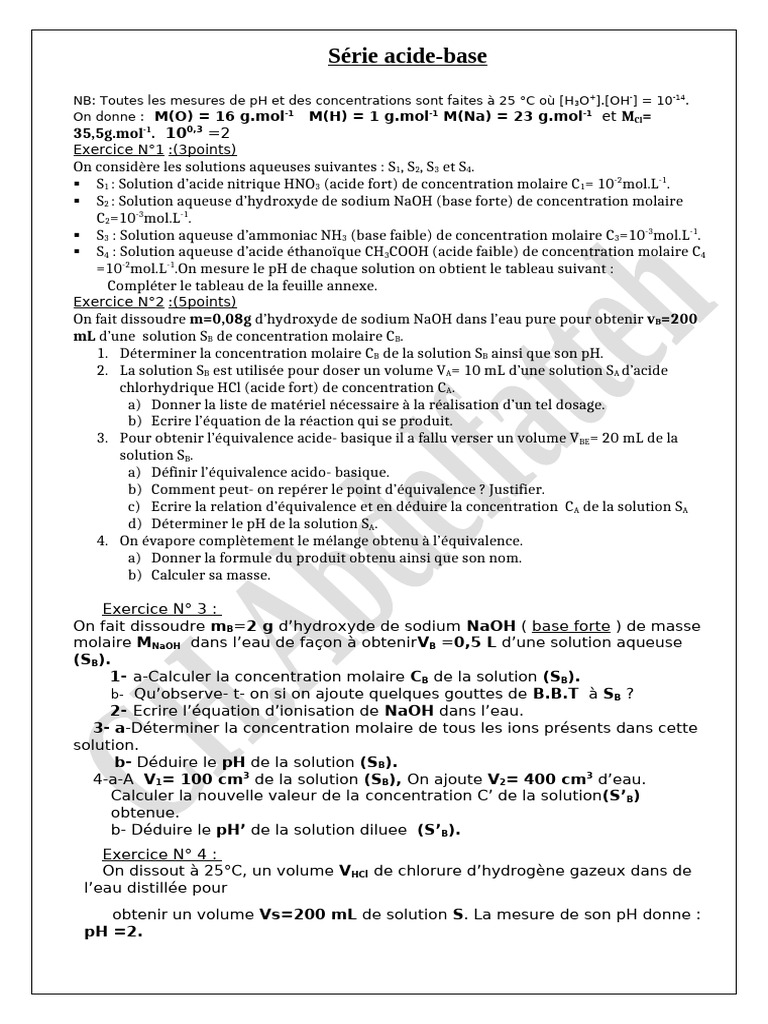 Exercices sur les solutions acides-bases | PDF | Ph | Acide