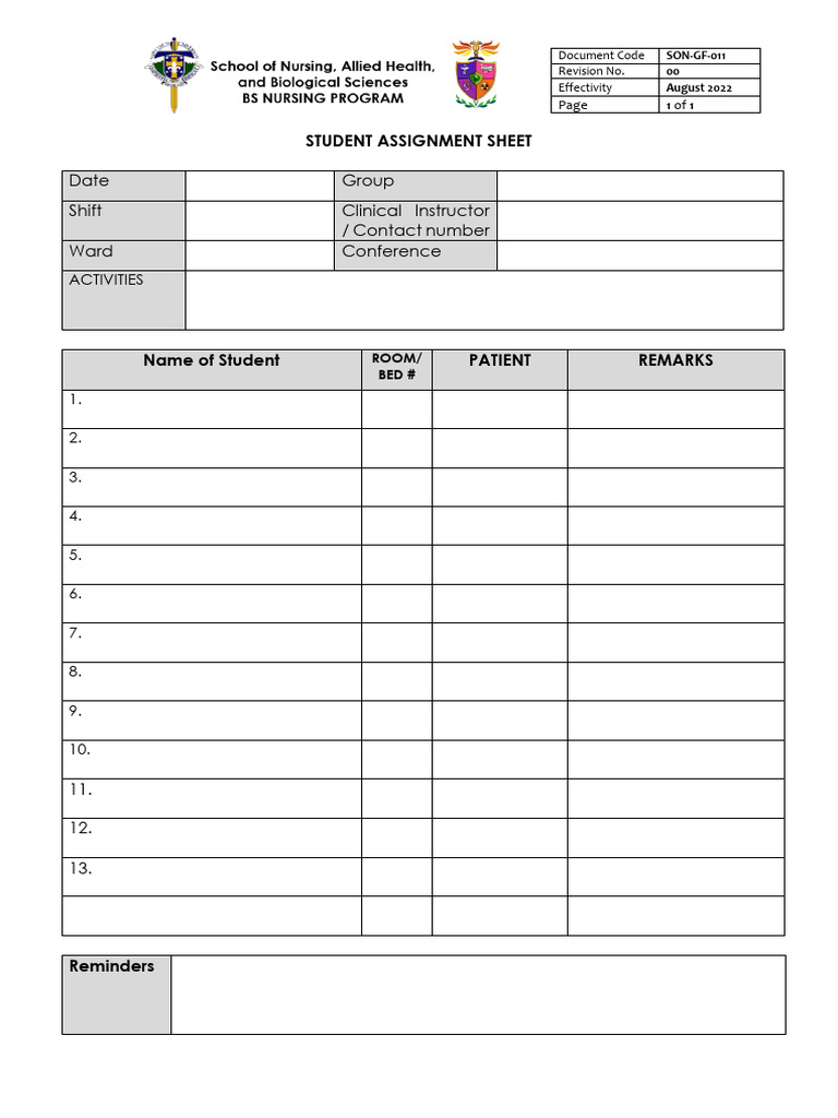SON GF 011 - Ward Assignment Sheet | PDF