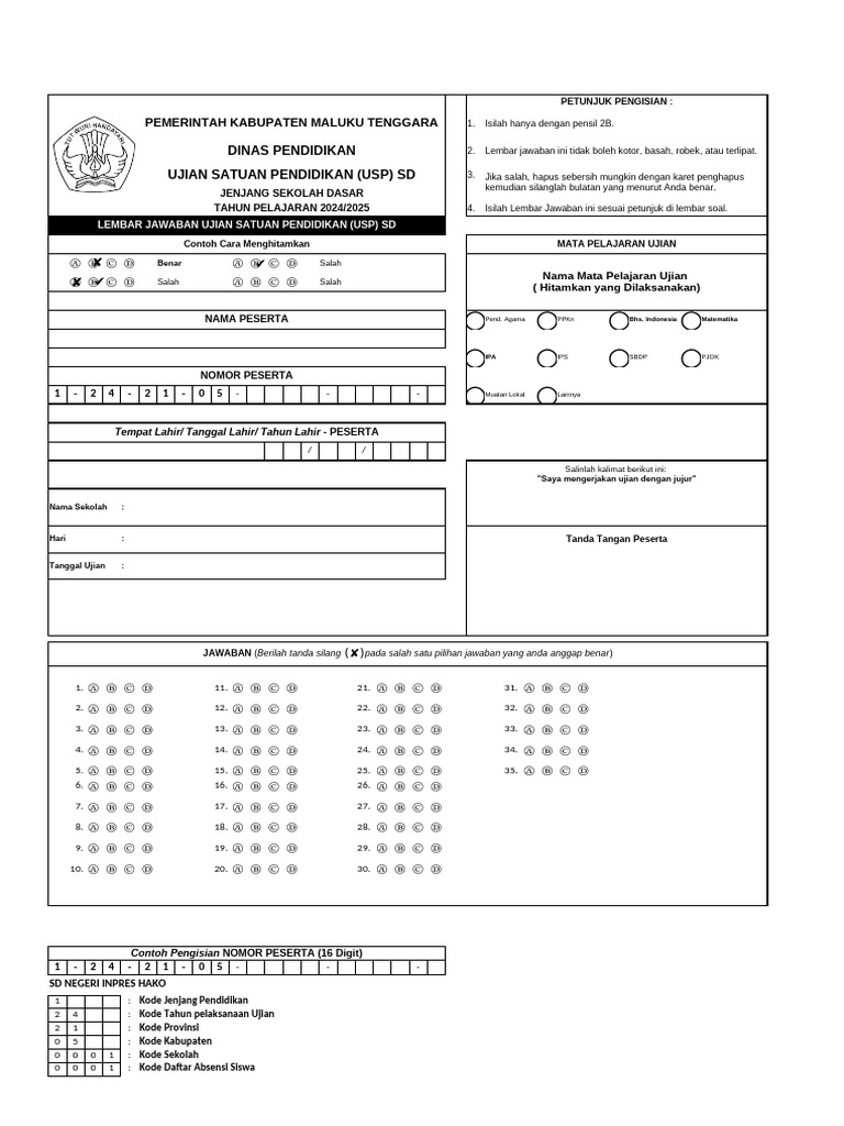 Lembar Jawaban PG Usp - SD 2025 | PDF