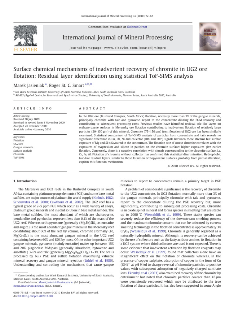 Surface Chemical Mechanisms of Inadvertent Recovery of Chromite in UG2 ...