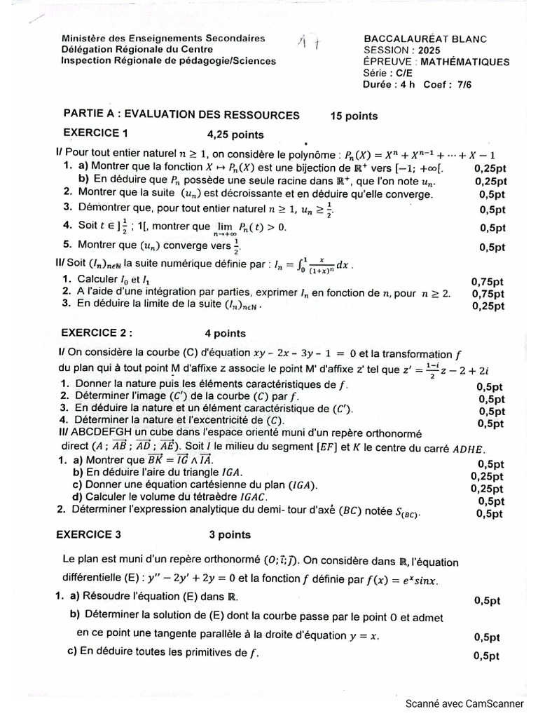 Maths Bac C blanc région _Centre 2025 | PDF