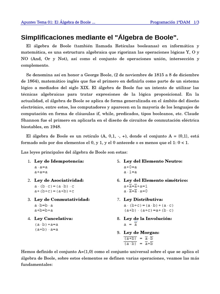 Introducción al Álgebra de Boole | PDF | Álgebra de Boole | Enseñanza ...