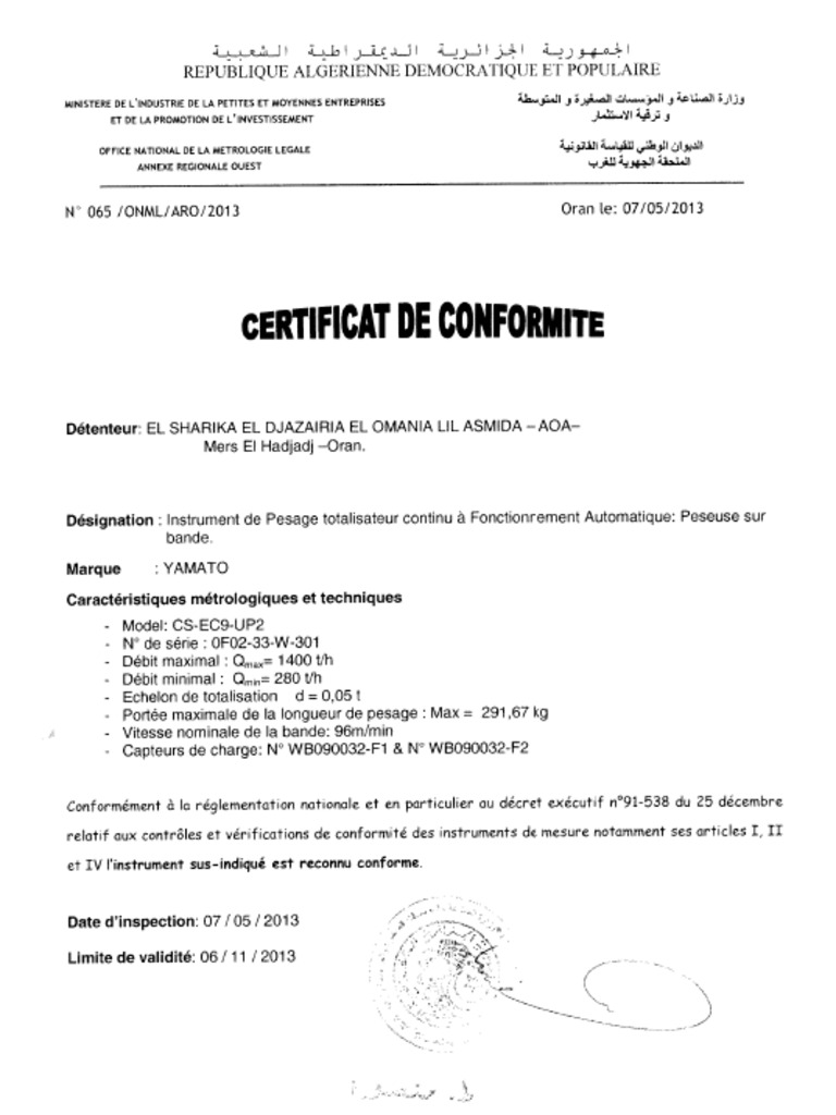 Certificat de Conformité 065 | PDF
