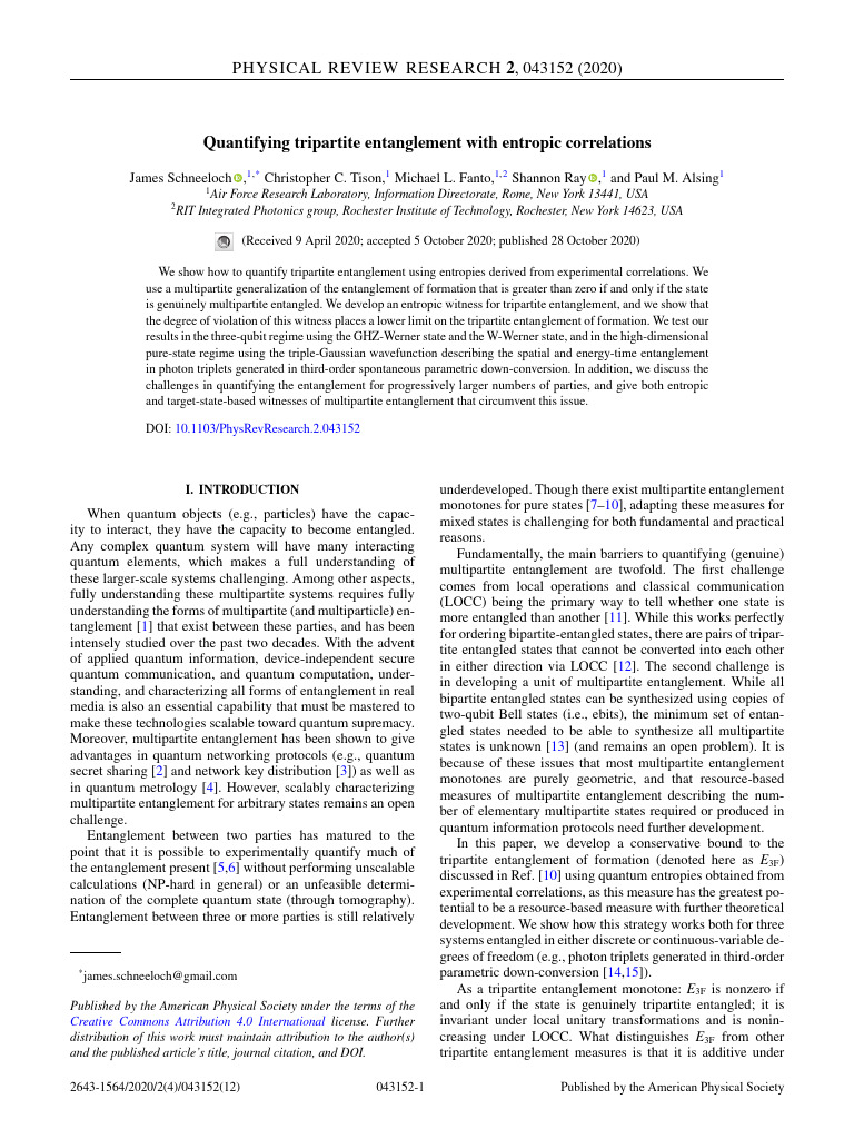 Quantifying Tripartite Entanglement With Entropic Correlations | PDF ...
