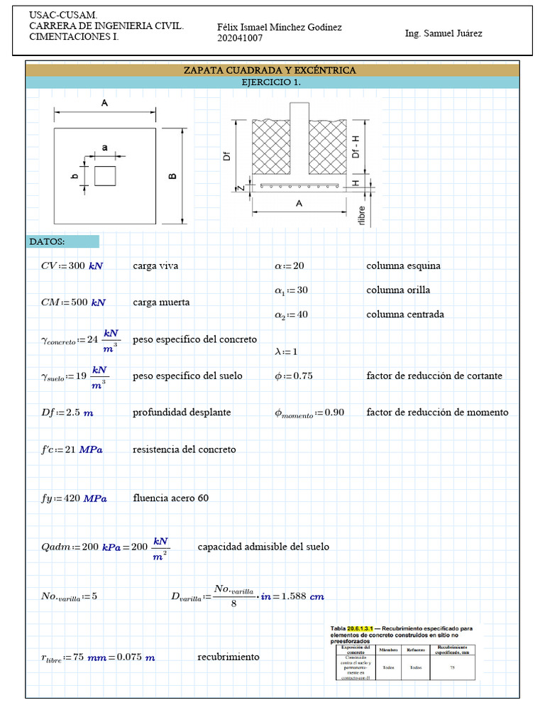 EJERCICO 1 ZAPATA CUADRADA | PDF | Ingeniero civil | Ingeniería estructural