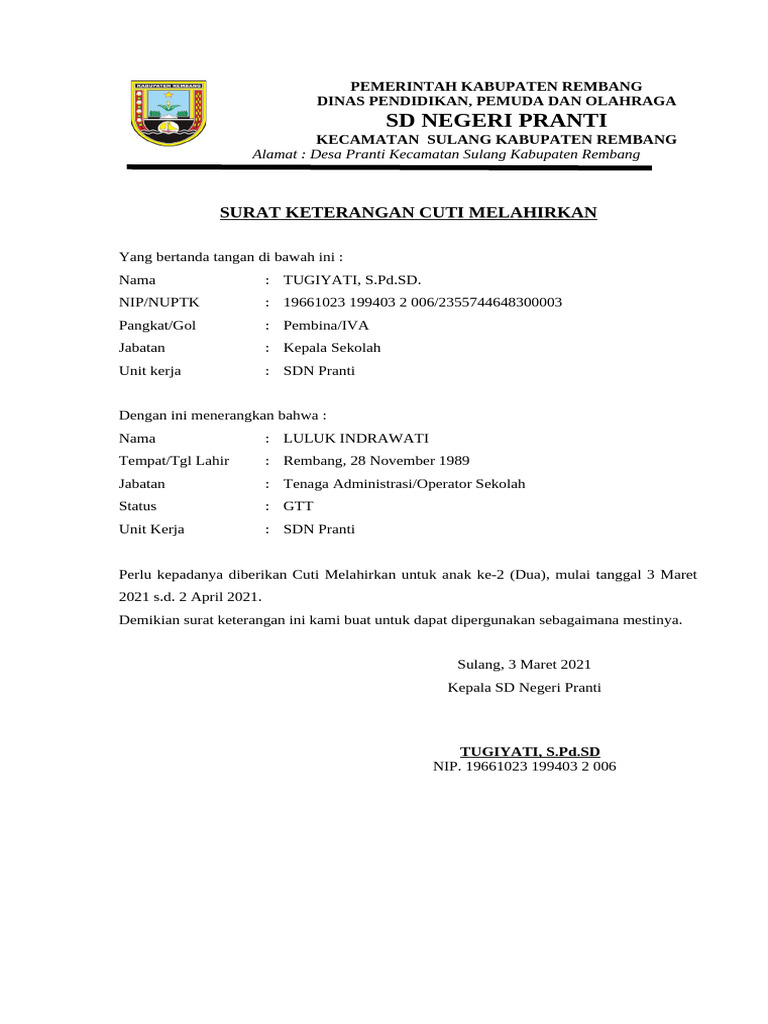 Surat Cuti Melahirkan GTT SD Pranti | PDF