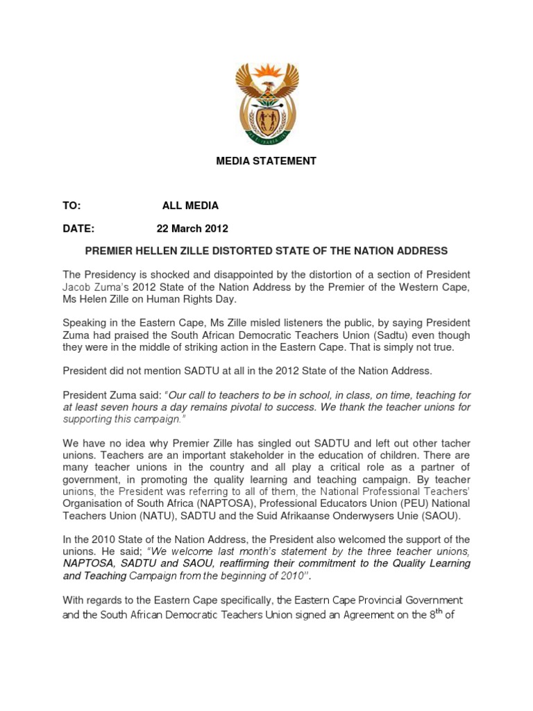 Media Statement: Premier Hellen Zille Distorted State of The Nation ...