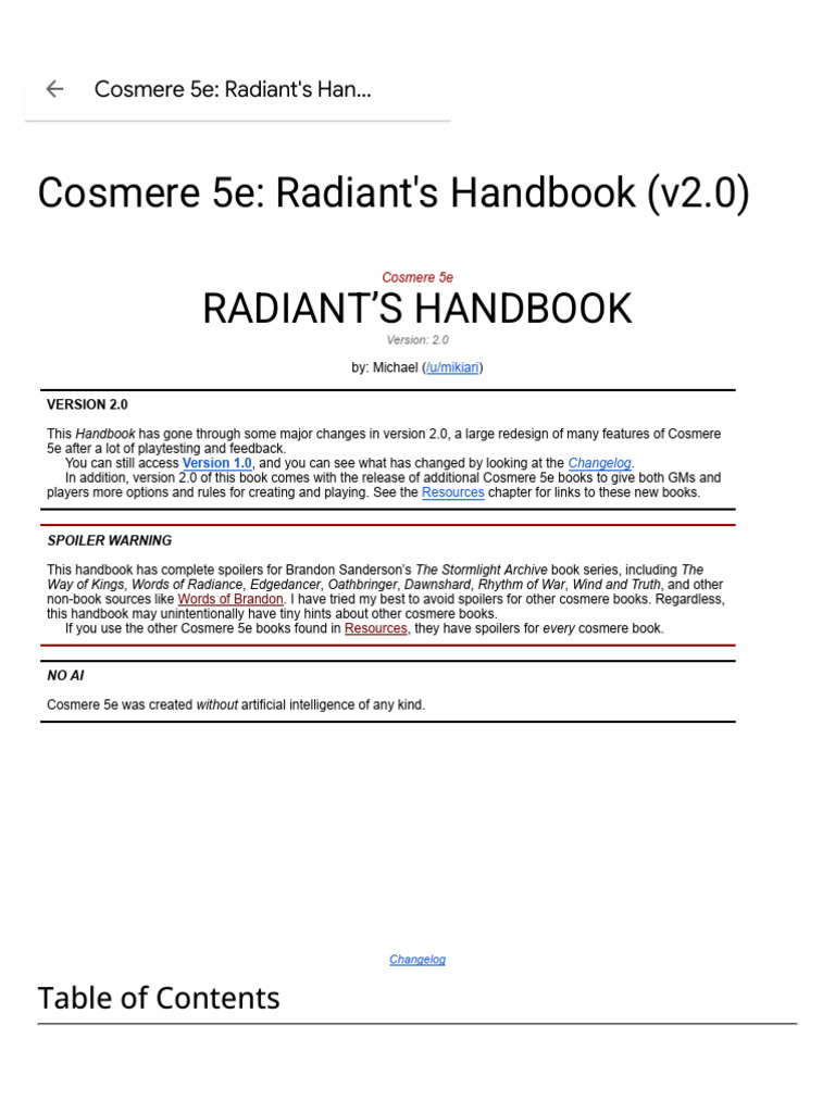 Cosmere 5e - Radiant's Handbook (v2.0) | PDF | Gaming | Role Playing